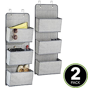 mDesign Fabric Hanging Organizers for Over the Door Storage In Bedroom/Hallway Closets, 3 Pocket Organizer Caddy, Hooks for Linens, Clothing, Accessories, Lido Collection, Textured Print, 2 Pack, Gray