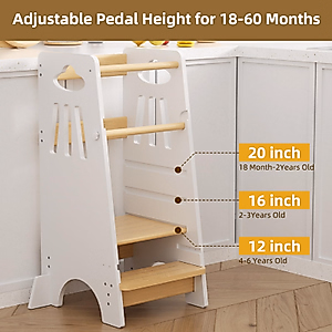 XJD Toddler Standing Tower Adjustable Height Thickened Toddler Wooden Kitchen Stool Helper - Ideal Kids Kitchen Step Stool for Learning New Skills Safety Feet (Nature)