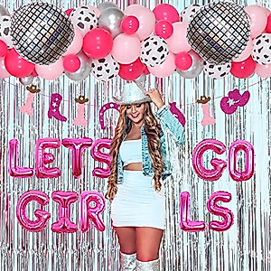 Let’s Go Girls Bachelorette Decorations - Western Cowgirl Glitter Paper Banner, Bridal Shower Balloon Garland Arch Kit for Funny Engagement Party Supplies