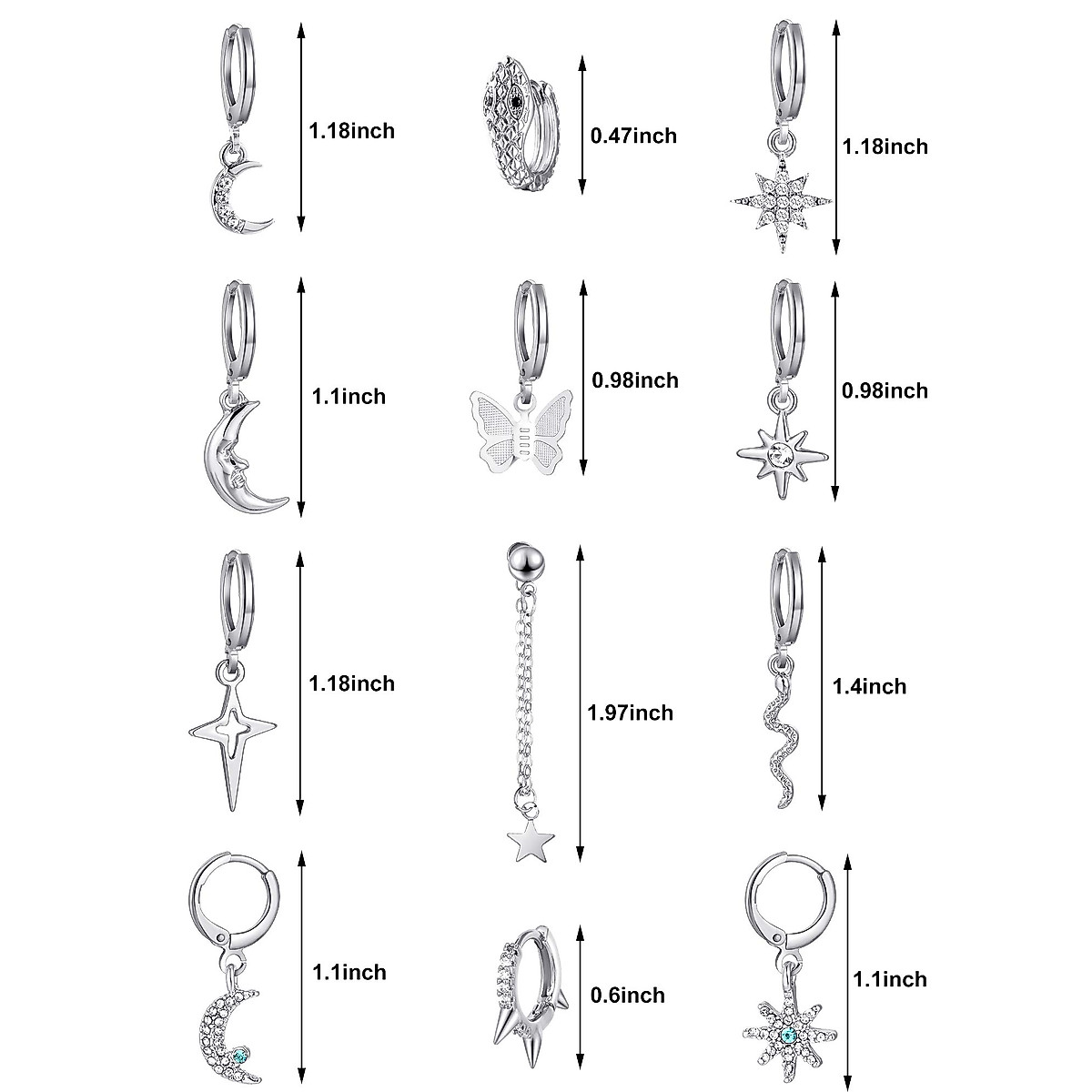 12 Pairs Dangle Hoop Earrings Aesthetic Huggie Earrings with Charms Small Drop Pendant Hoop Earrings for Women (Silver)