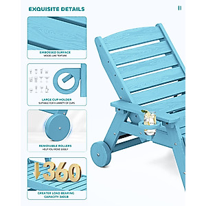 SERWALL Patio Chaise Lounge Chair Set of 2, 5 Positions Adjustable HDPE Outdoor Lounge Chair for Pool, Poly Lounge Chair with Rolling Wheels & Cup Holder for Poolside, Deck, Light Blue