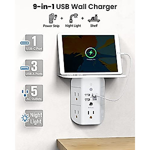 Wall Outlet Extender with Shelf and Night Light,Surge Protector,USB Wall Charger with 5 USB Outlets and 3 USB Ports 1 USB C Outlet Wide Space 3-Sided Power Strip Multi Plug Outlets…