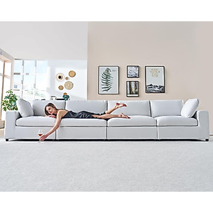 PaPaJet Modular Sectional Sofa, 114 Inches Down Filled Sectional Sofa, 3 Seater Oversized Comfy Couch for Living Room, White Linen Cloud Couch Set