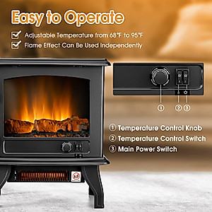 Tangkula 20 Inches Electric Fireplace Stove, Freestanding Fireplace Infrared Heater with Adjustable Thermostat and Realistic Flame Effect 1400W Indoor Space Heater with Overheating Safety Protection