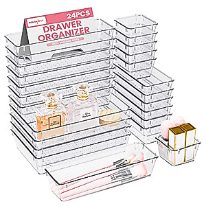 HOUSE DAY Makeup Drawer Organizer Trays 24 PCS, 4-Size Clear Drawer Organizers with Silicone Pads, Vanity Organizers and Storage, Non Slip Plastic Drawer Organizer for Desk, Bathroom, Kitchen, Office