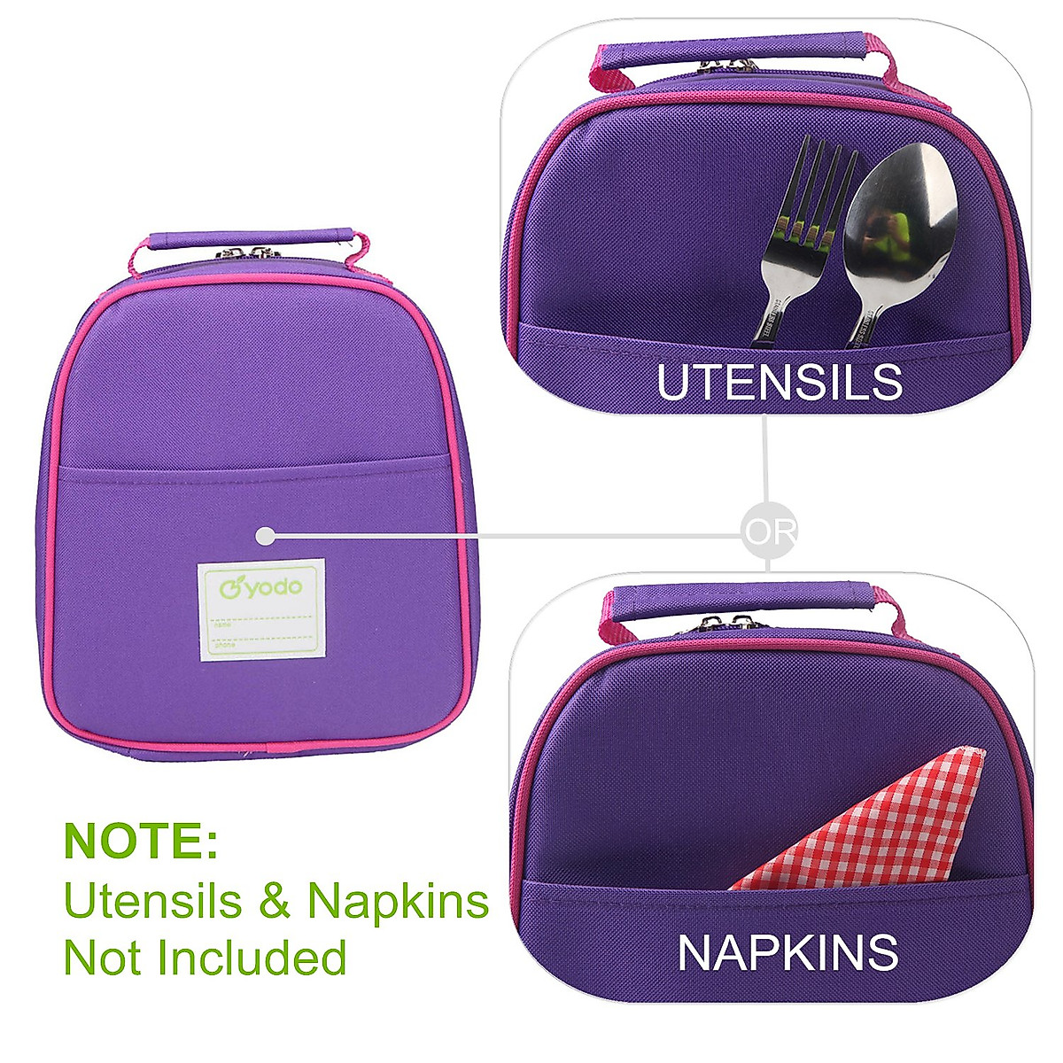 yodo Kids Insulated Lunch Tote Bag with Name Tag for Girls, Butterfly