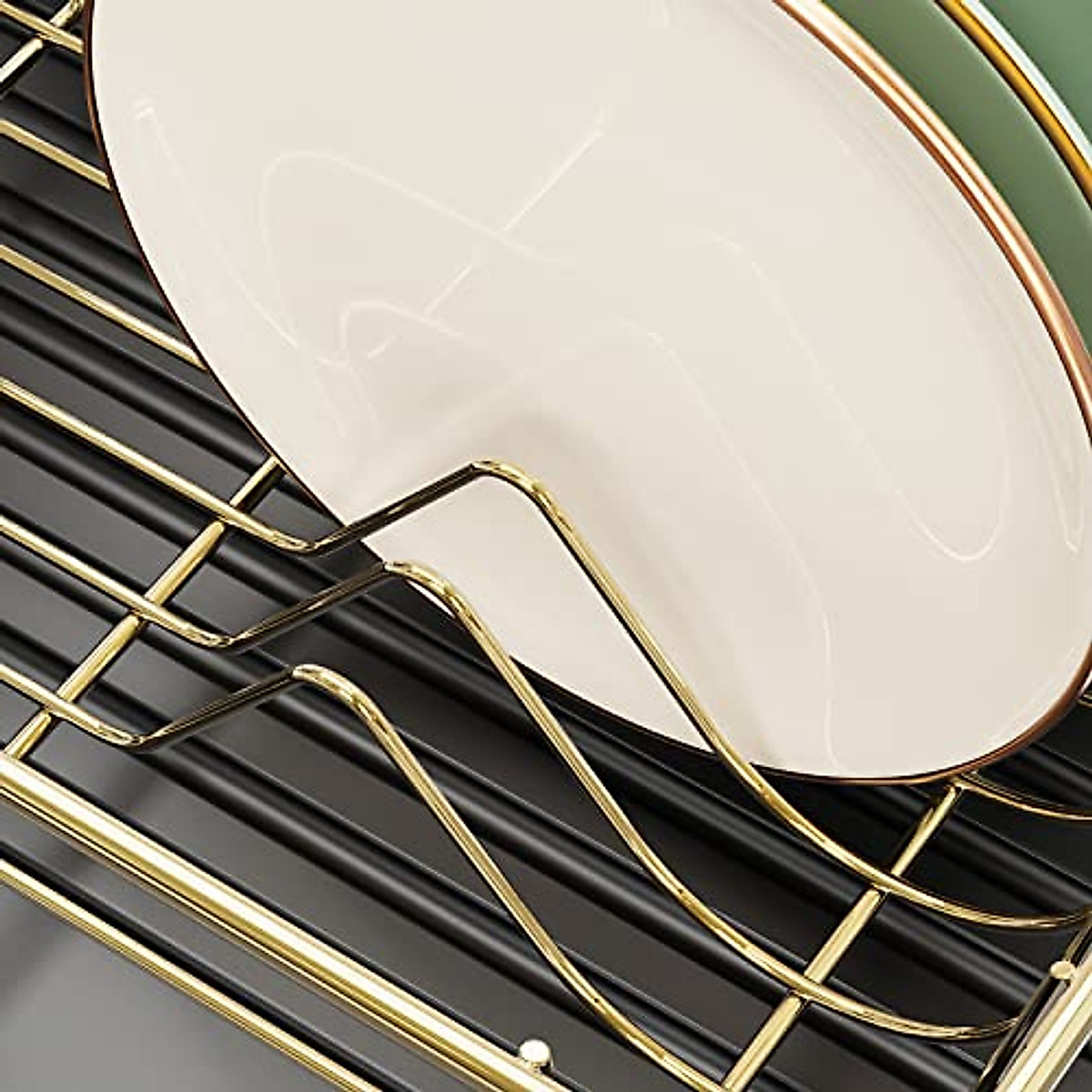 GSlife Dish Drying Rack with Drainboard - Dish Racks for Kitchen Counter, Dish Drainer with Utensil Holder, No Drain Spout, Gold and Black