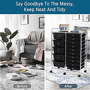 Yaheetech 15 Drawers Rolling Storage Cart Multipurpose Mobile Rolling Utility Storage Organizer Cart Tools Scrapbook Paper Organizer on Wheels, Black
