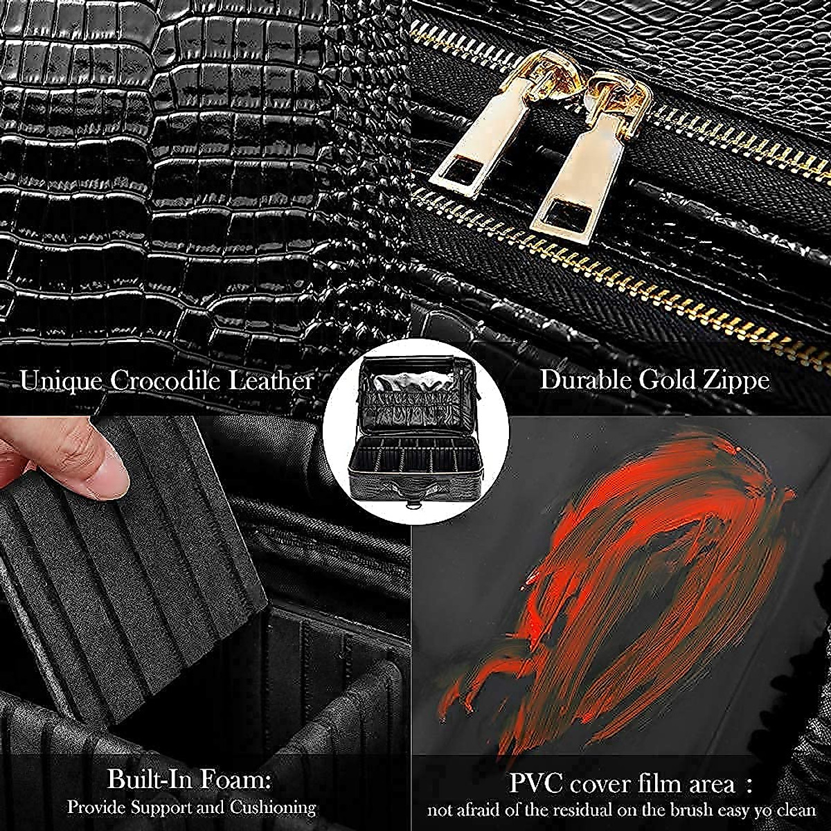 gzcz Large Makeup Train Case Professional 16" Travel Makeup Cosmetic Bag Organizer Portable PU Leather Makeup Storage Case Artist Box with Adiustable Dividers & Strap (L-Crocodile Pattern)