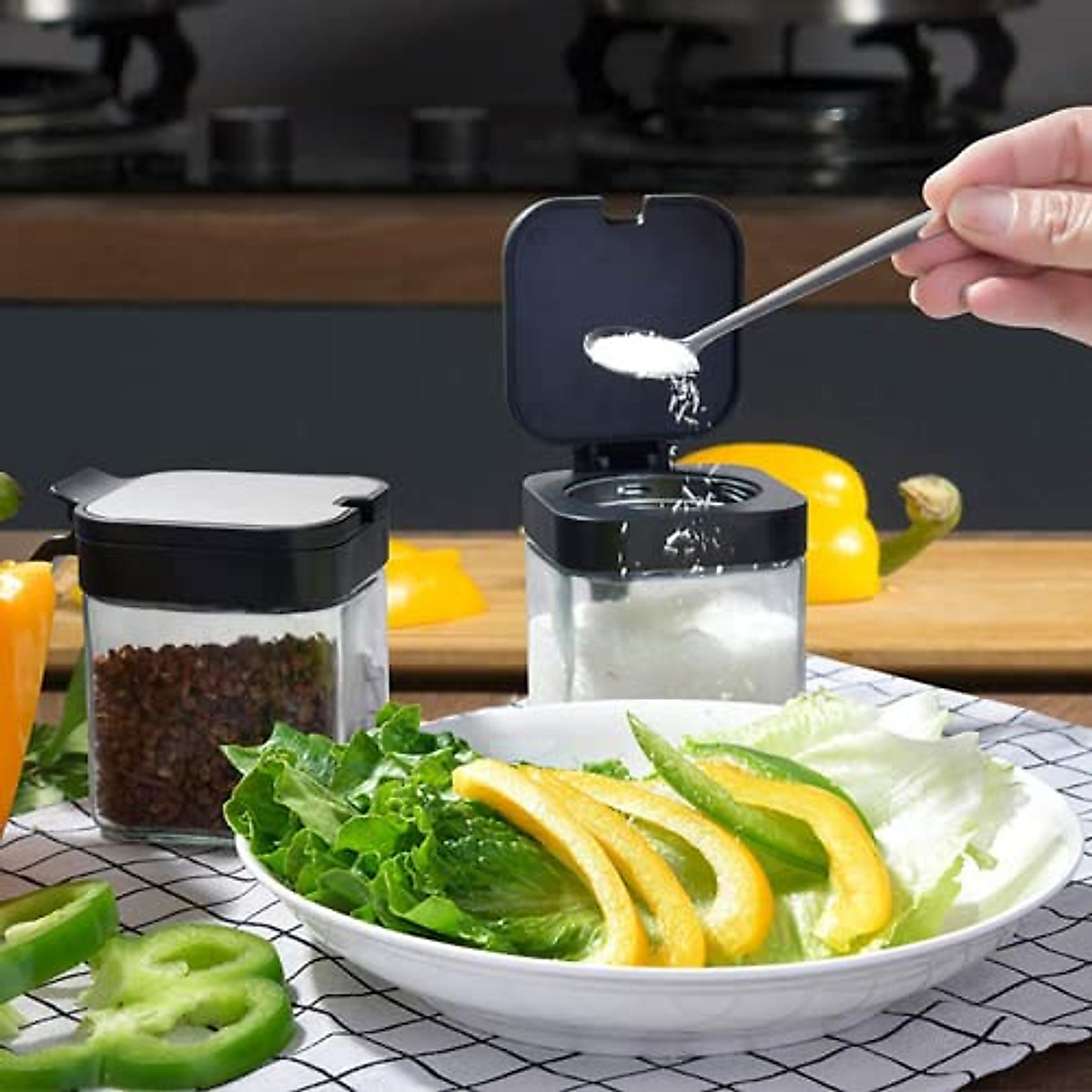 Condiment Jar Spice Container with 304 Stainless Steel Lids and Spoons,Clear Glass Condiment Canisters Pots Seasoning Box Salt Container Sugar Bowl Set of 3 for Kitchen, Counter, Food Storage