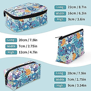 MRSP 3 sets makeup bag+Double Sided Cosmetic Mirror travel small cosmetic case portable with multifunctional waterproof Organizer bag for women Stitch Stuff Gift (Stitch)
