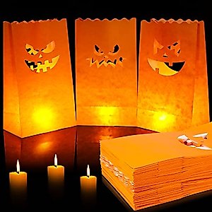 Halloween Luminary Bags Pumpkin Flame Resistant Candle Bag Paper Jack-o'-Lantern Lantern Bags with 3 Silhouettes for Home Garden Wedding Birthday Halloween Theme Party Decoration Supplies (60 Pack)