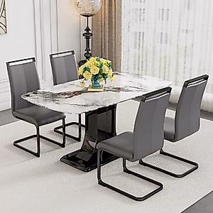 63" Glass Dining Table with White Imitation Marble Top, Kitchen Table for 4 or 6, Modern Dinner Tables with Black MDF Base, Large Dining Room Table for Dining Room/Kitchen, Easy Assembly