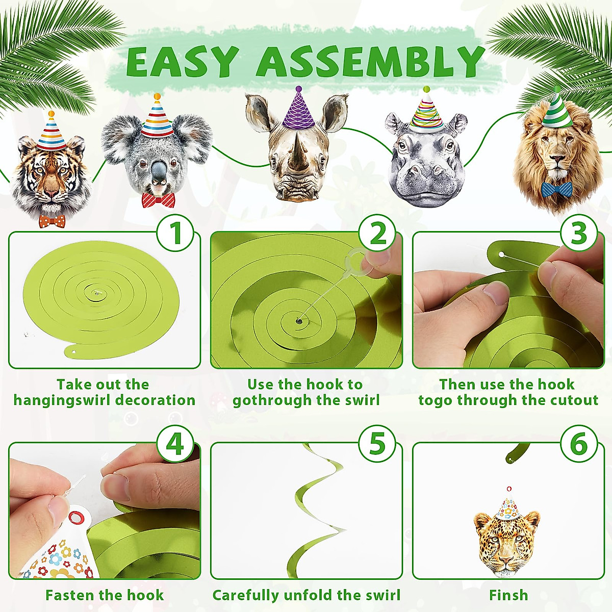 60PCS Jungle Animals Birthday Decorations Wild One Hanging Swirls Ceiling Streamers Decor Forest Theme Foil Swirls Ceiling for Boys Girls Baby Shower Safari Wild Animals Birthday Party Supplies