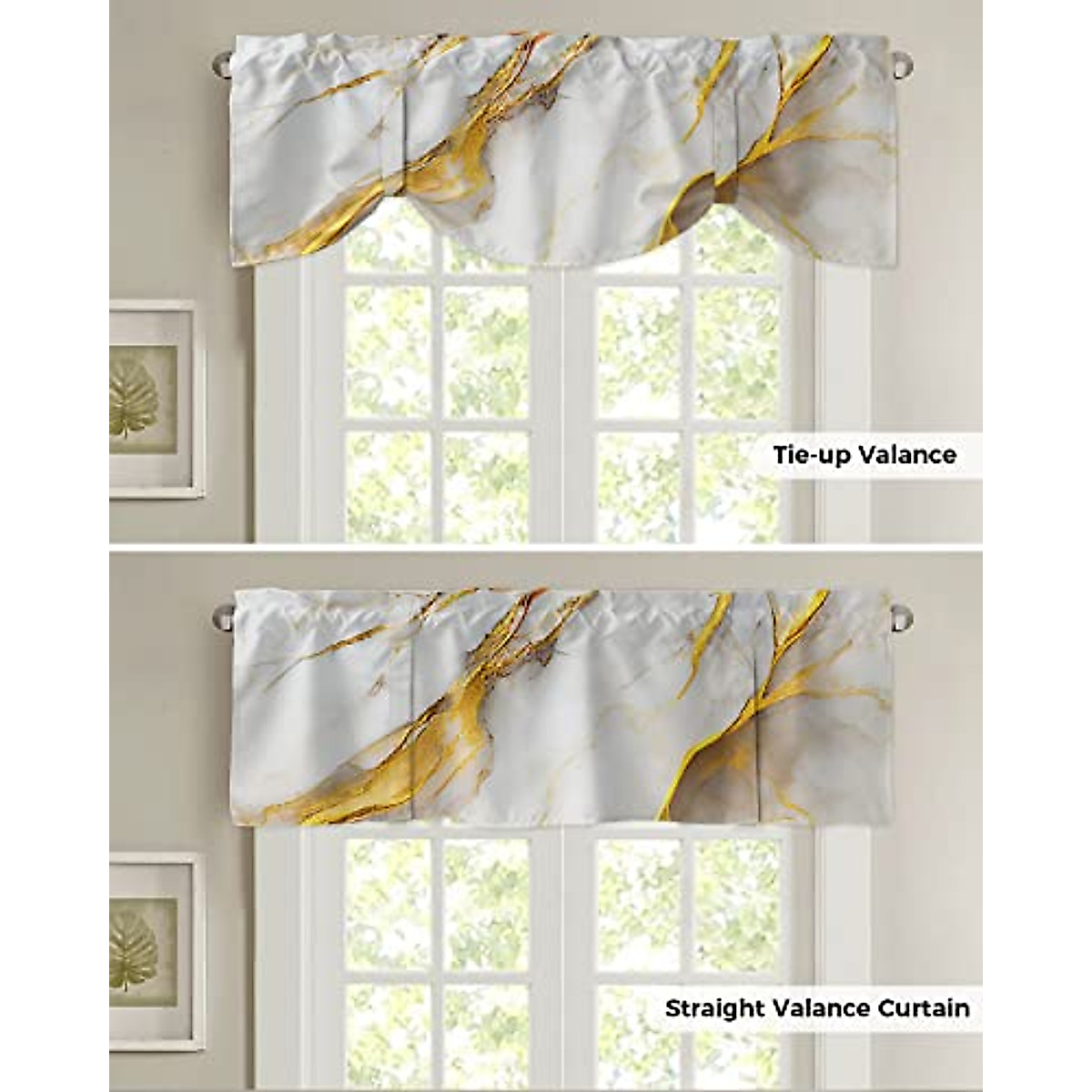 Yun Nist Tie Up Curtain Valance for Kitchen,Abstract White Marble Gold Stripe Window Valances Adjustable Tie-up Shade Valance,Modern Geometry Art Rod Pocket Short Curtains for Bathroom 42x12in