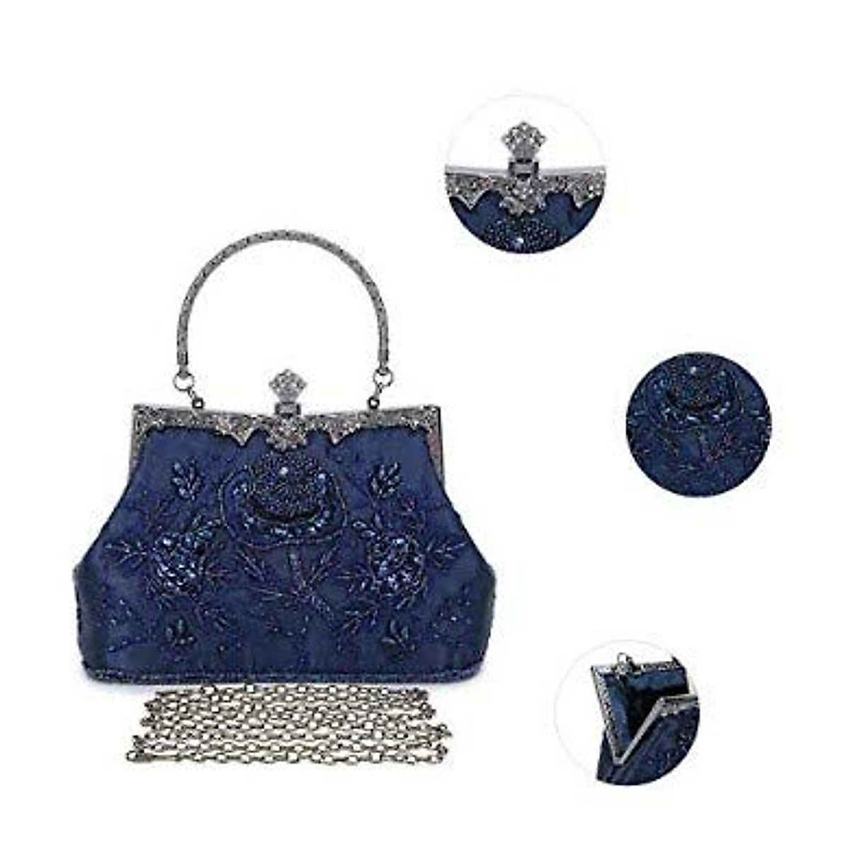 UBORSE Women's Embroidered Beaded Clutch Bag Sequin Evening Navy Blue Large Wedding Party Purse Vintage Bags