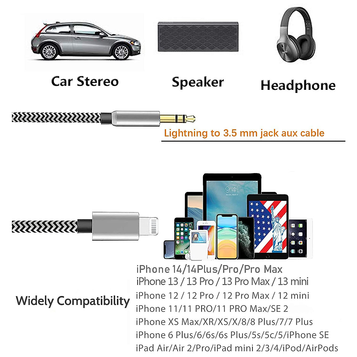 Aux Cord for iPhone,iPhone Aux Cord for Car,[Apple MFi Certified] Lightning to 3.5mm Aux Audio Nylon Braided Cable for iPhone14/13/12/11/XS/XR/X 8 7 6/iPad to Car/Home Stereo,Speaker,Headphone-3.3FT