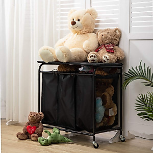 HollyHOME Laundry Basket Sorter with Ironing Board and 4 Wheels,Laundry Hamper with Sturdy Bags for Laundry Room Black
