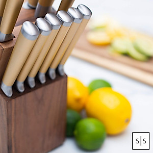 Gold Knife Set with Walnut Knife Block, 13-piece Kitchen Knives Stainless Steel Gold Knives Set, Full Tang, Knives Gold - Gold Kitchen Accessories