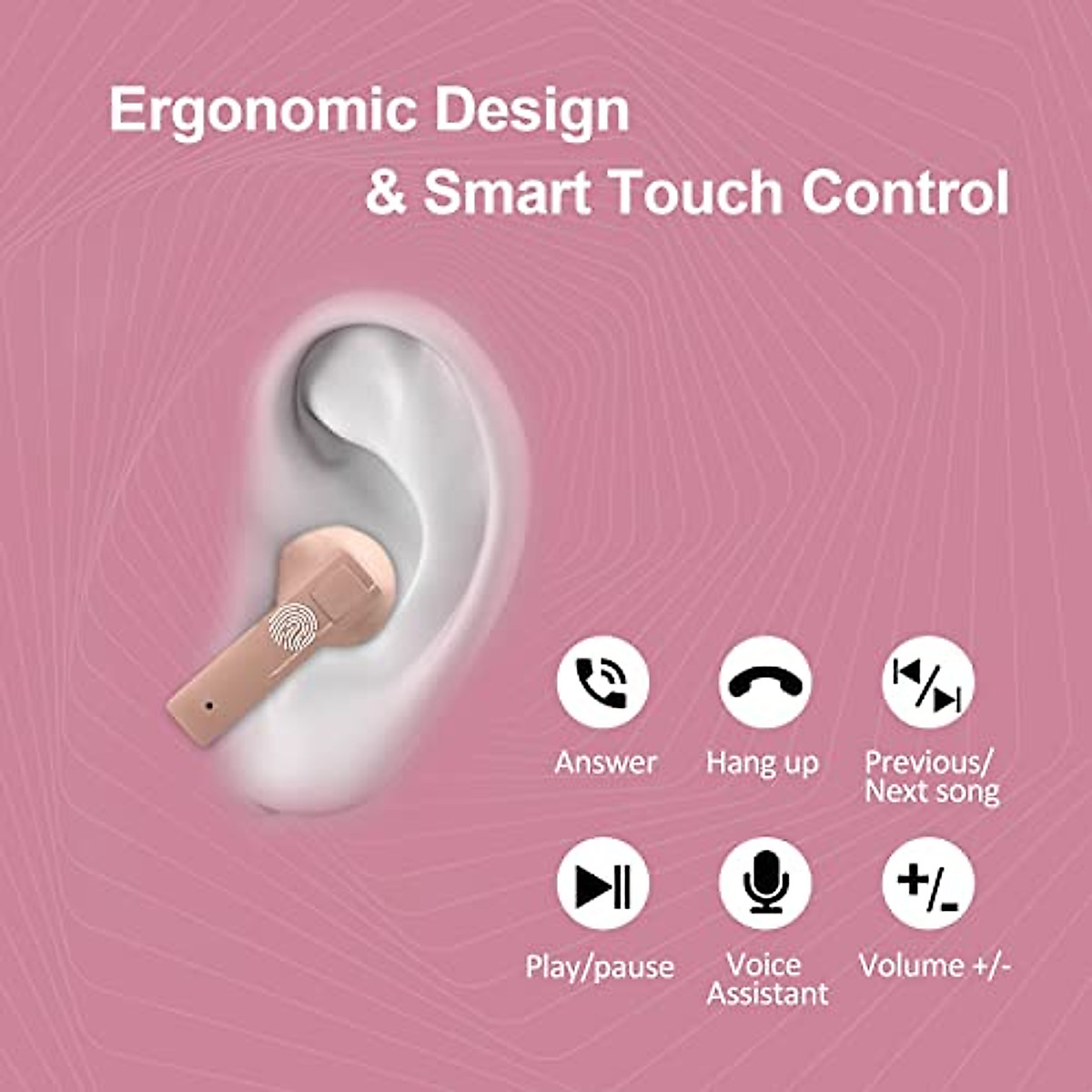 Mini Wireless Earbuds Bluetooth 5.1 Headset, IPX7 Waterproof, Touch Control in Ear Light-Weight Headphones Built-in Microphone, ANC Earphones Compatible with iPhone & Android (Pink)