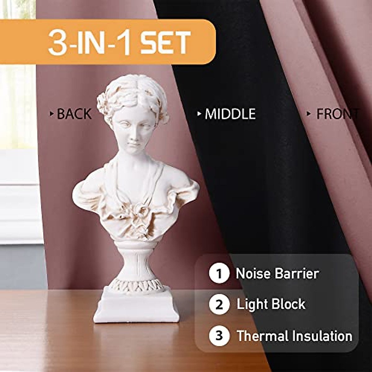 RYB HOME 3-in-1 Soundproof - Blackout - Thermal Insulation Living Room Divider Curtains, Large Bay Window Curtains for Bedroom Theatre Office Backdrop, Wild Rose, W 62 x L 84 inches, 2 Panels