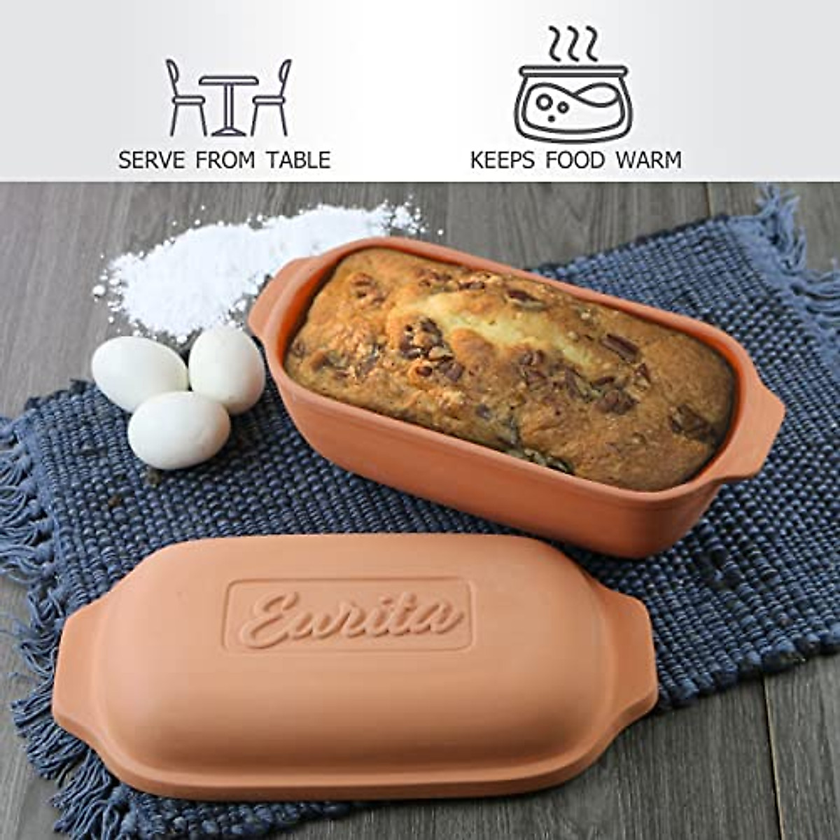 Eurita Clay Roaster, Non-Stick Bread Pan & Lid, Healthy Clay Pot Cooking, With Free Recipe Guide, 2 Quarts