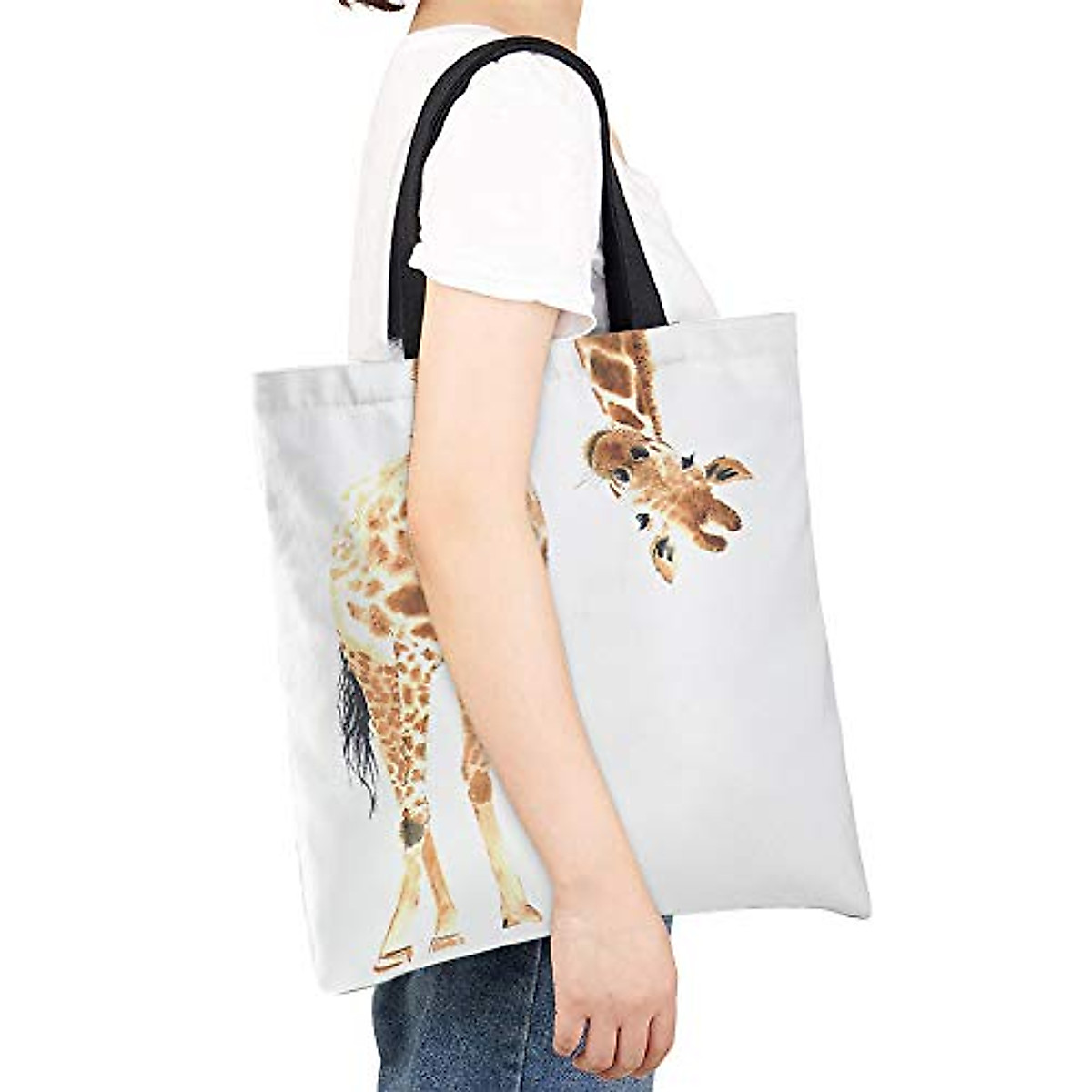 Moslion Giraffe Tote Bag Wild Animal Watercolor Giraffe with Brow White Feather Canvas Bag Large Shoulder Handbag Reusable Shopping Bags for Women Girls School 15x16 Inch
