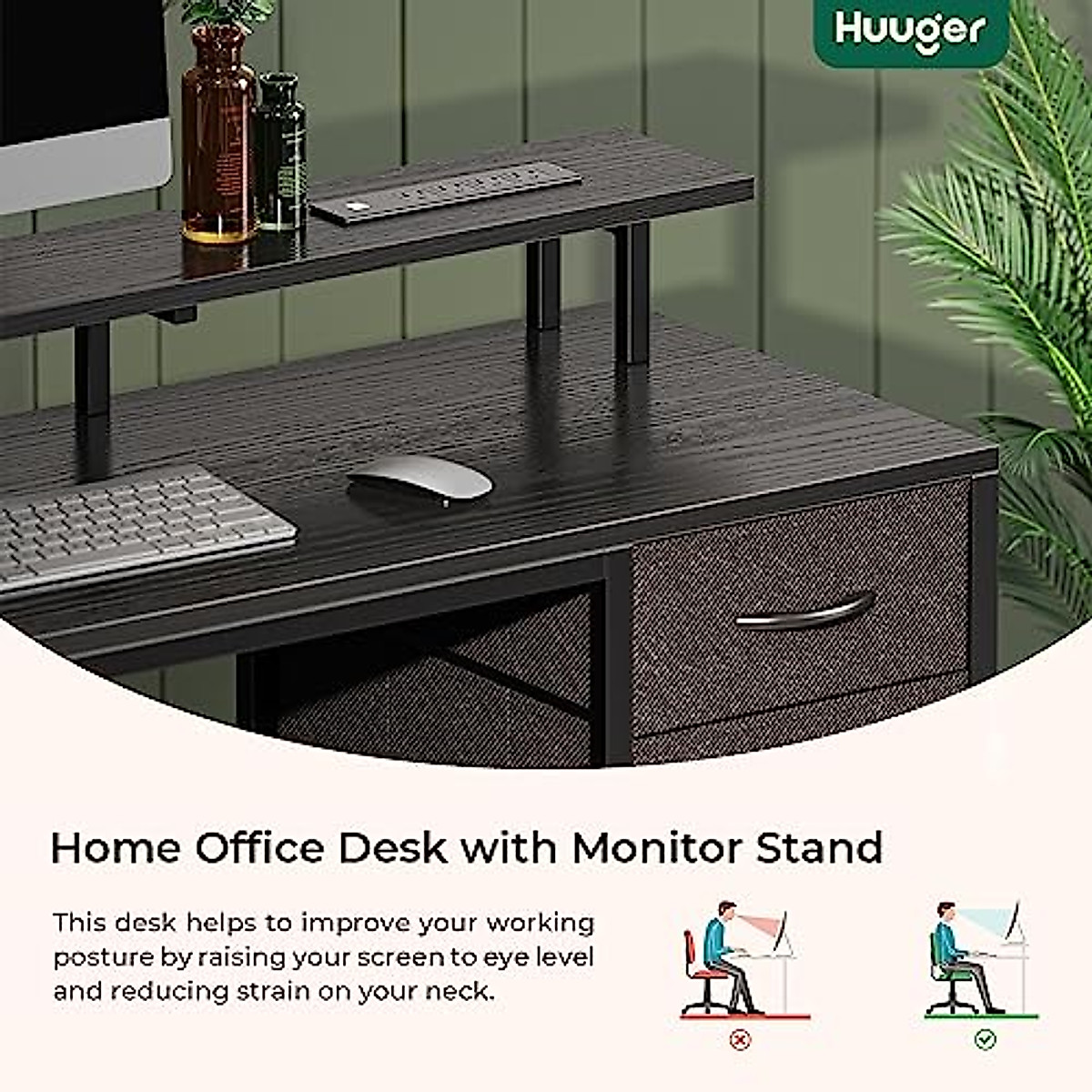 Huuger 55 inch Computer Desk with 4 Drawers, Gaming Desk with LED Lights & Power Outlets, Home Office Desk with Large Storage Space for Bedroom, Work from Home, Black