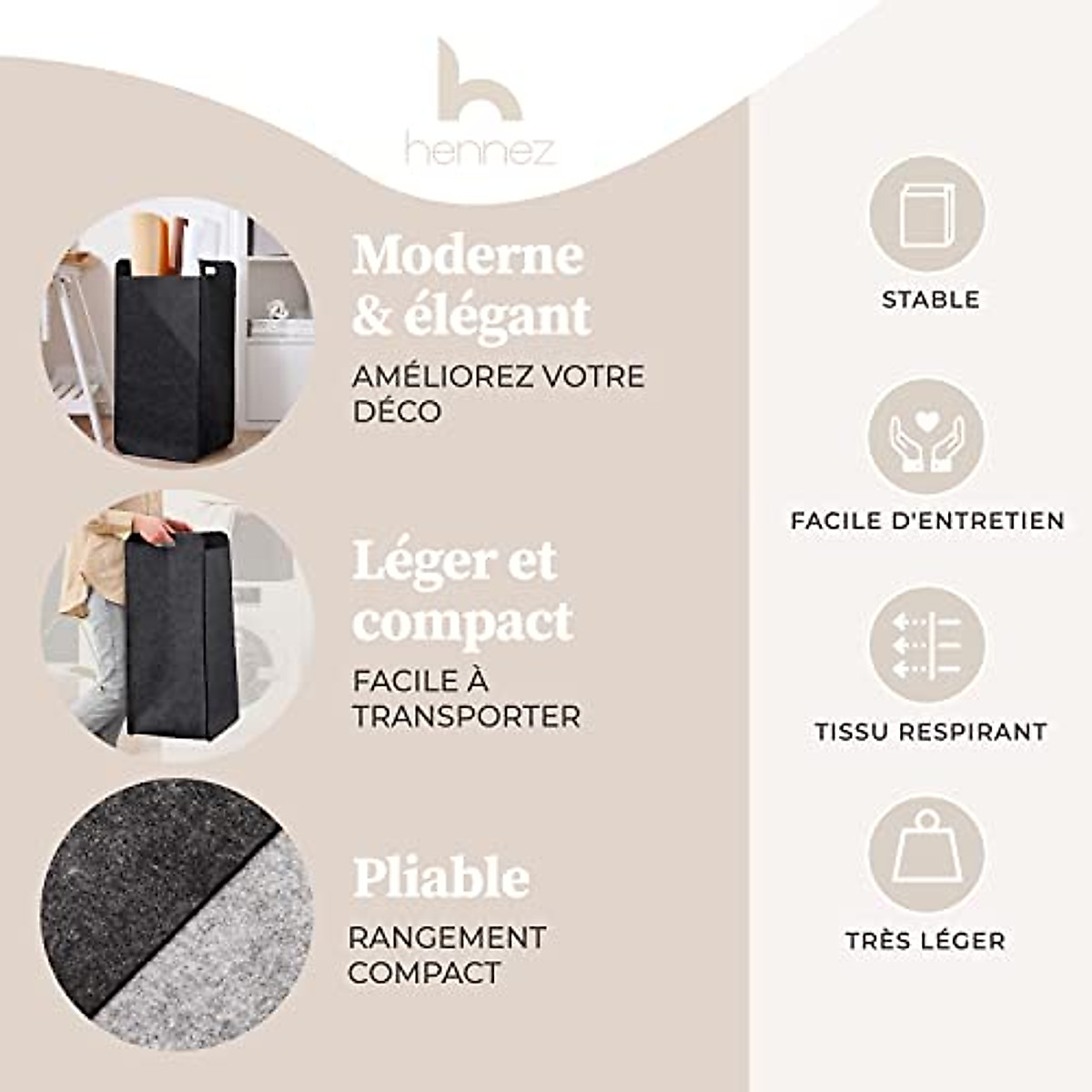 Hennez Collapsible Laundry Hamper Felt 70L - Lightweight Foldable Laundry Bin - Dirty Clothes Hamper - Tall Basket - Laundry Baskets with Handles - Pop Up Laundry Hamper - Felt Basket - Kids Hampers