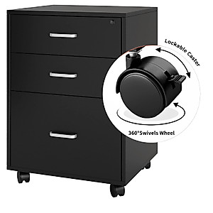 soges 3 Drawer Mobile File Cabinet, Rolling Filing Cabinet, Home Office Lockable Pedestal File Cabinet, Under Desk Cabinet on Wheels, 10CZSSFC04BK