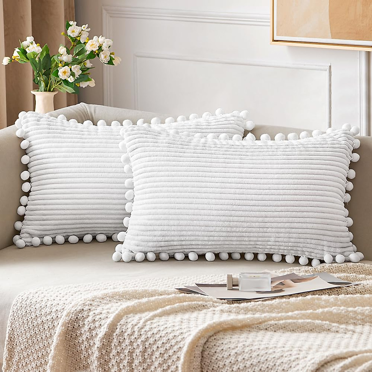 ANRODUO Pack of 2 White Boho Decorative Pillow Covers with Pom-poms 12x20 Pillow Cover Corduroy Cushion Case Cute and Soft Lumbar Throw Pillows for Bed Couch Sofa Living Room Fall Home Decor