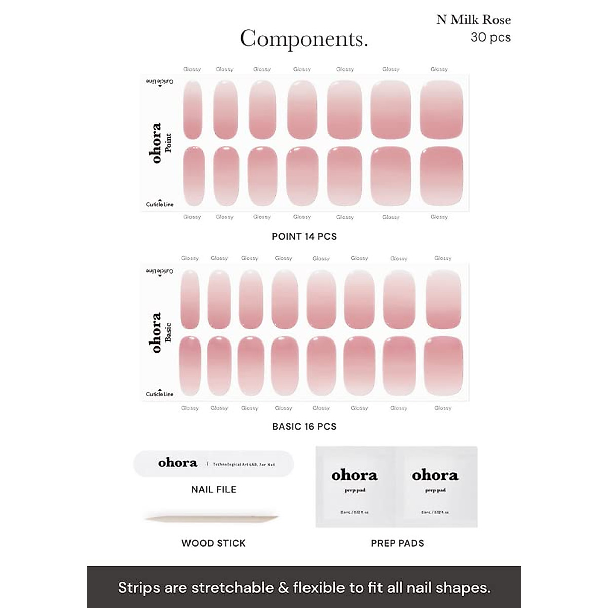 ohora Semi Cured Gel Nail Strips (N Milk Rose) - Works with Any Nail Lamps, Salon-Quality, Long Lasting, Easy to Apply & Remove - Includes 2 Prep Pads, Nail File & Wooden Stick - Pink