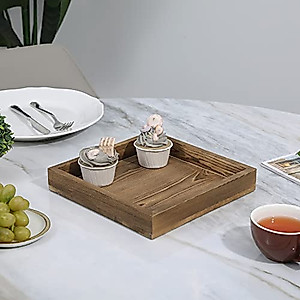 MyGift Rustic Burnt Brown Wood Square Serving Tray, 10 Inch Decorative Farmhouse Wooden Ottoman, Coffee Table Display Tray