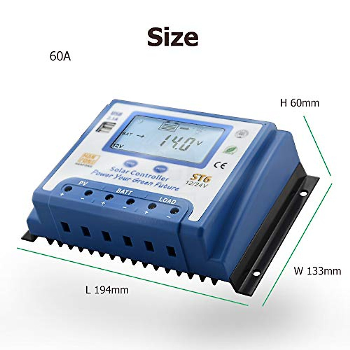 60A Solar Charge Controller 12V/24V Automatic Voltage Recognition Solar Panel Charging Discharge Regulator with Dual 5V USB Output Backlight LCD Display