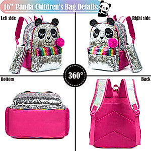 Kids Girls Panda Backpacks for Teen Girls High Elementary Middle School Backpack for Girls Backpack with Lunch Box and Pencil Case School Backpack for Girls 16" 3PCS Silver Sequin Red Backpack
