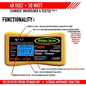 Battery Saver Premium 48 Volt 50W Pulse Charger, Maintainer & Tester (Gen. 3), Yellow, Black (2365L-48-G3)