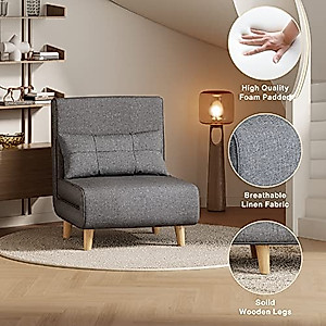 Aiho Convertible Sofa & Chair Bed, Futon Chair Sleeper with Soft Pillow, Modern Linen Fabric Solid Wood Legs, Dark Grey