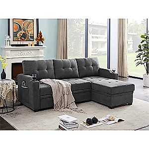 Lilola Home Mabel Dark Gray Woven Fabric Sleeper Sectional with cupholder, USB Charging Port and Pocket