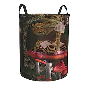 Laundry Basket,Mythical Fairy Creature Sitting On Mushroom Beside An Oak Tree Summer Forest,Large Canvas Fabric Lightweight Storage Basket/Toy Organizer/Dirty Clothes Collapsible Waterproof For College Dorms-Large