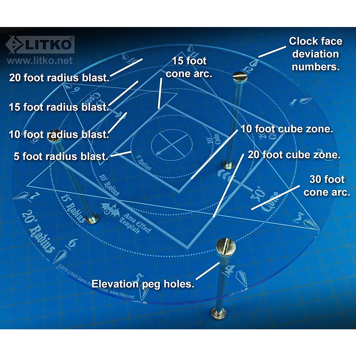 LITKO Elevated RPG Damage & Spell Template for TTRPG | Area Effect Template | Compatible with DND and Pathfinder Games 5E Dungeons and Dragons | Transparent Light Blue