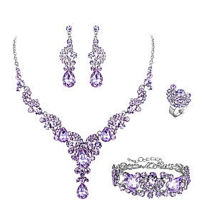 EVER FAITH Wedding Rhinestone Jewelry Sets for Brides, Crystal Bridal Floral Wave Teardrop Necklace Dangle Earrings Bracelet Ring Set Light Purple Silver-Tone