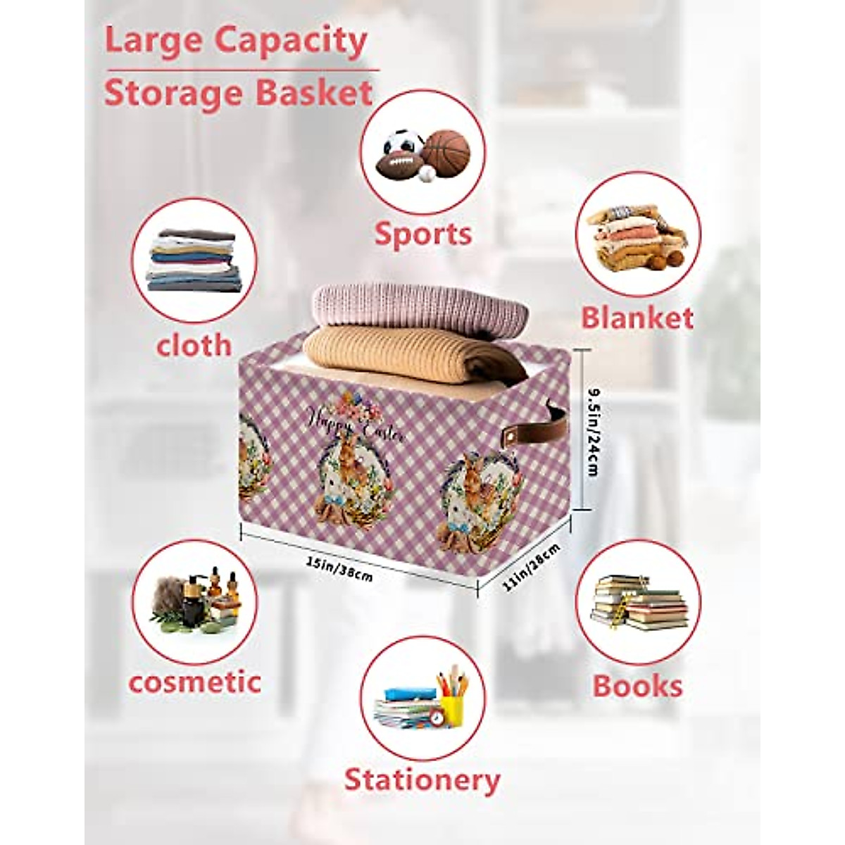 Happy Easter Storage Bins 2 Pack, Large Waterproof Storage Baskets for Shelves Closet, Purple Plaid Bunny Spring Floral Wreath Storage Basket Foldable Storage Box Cube Storage Organizer with Handles