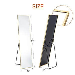 Sweetcrispy 59"x16" Floor Standing Mirror, Wall Mirror with Stand, Full Length Aluminum Alloy Thin Frame Hanging or Leaning for Living Room Bedroom Cloakroom, Gold