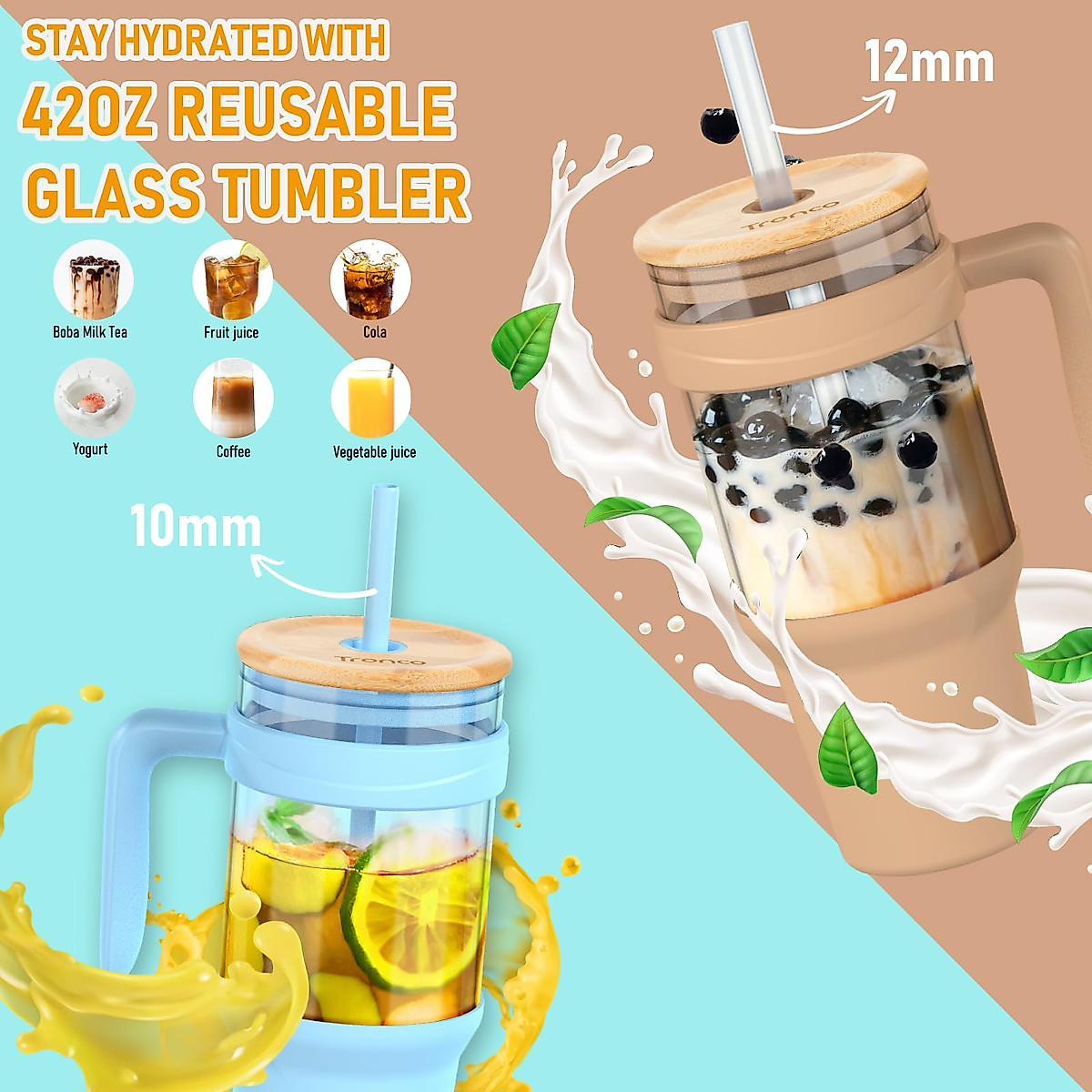 Tronco 40 oz Glass Tumbler with Handle, Reusable Glass Tumbler with Straw and Lid, Iced Coffee Cup with Bamboo Lid, Glass Water Bottles Fit in Cup Holder, Smoothie Cup