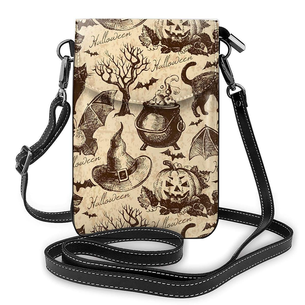 Perfect Gift - Stylish Cat Bat Pumpkin Party Pattern Cell Phone Purse Wallet Big Pocket Small Crossbody Bags Adjustable Shoulder Strap Cellphone Pouch With Card Slots
