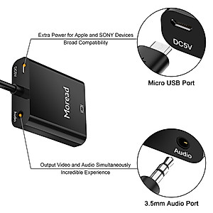 Moread HDMI to VGA with Audio, Gold-Plated Active HDMI to VGA Adapter (Male to Female) with Micro USB Power Cable & 3.5mm Audio Cable for PS4, MacBook Pro, Mac Mini, Apple TV and More - Black