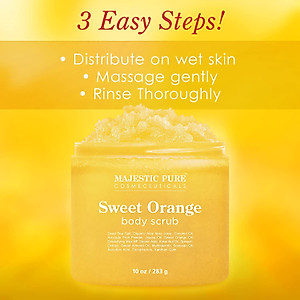 Majestic Pure Sweet Orange Body Scrub for All Natural Skin Care - Exfoliating Multi Purpose Body and Facial Scrub Moisturizes and Nourishes Face and Skin - 10 oz - Great Gift for Her