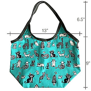 A-TO Cat Shoulder Purse Cotton Cloth Handbag Casual Tote Work Bag for Women, Ladies Fashion Reversible Pattern Cat Print Bag Teal Purse, Cat Lover Gifts Accessories, Medium