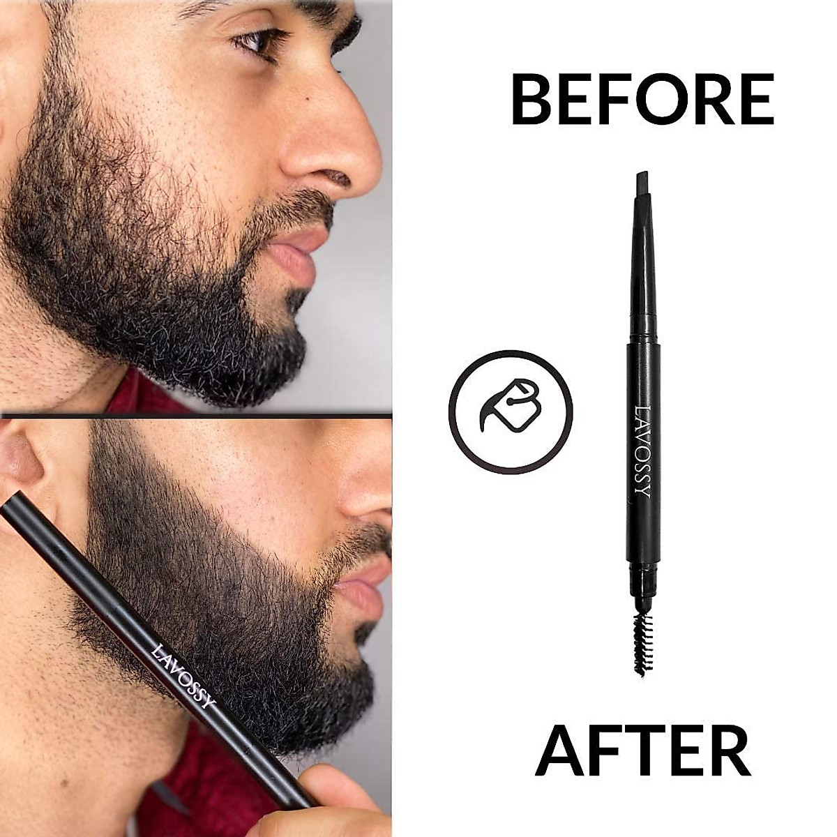 LAVOSSY Beard Pencil Filler for Men - Long Lasting and Easy to Use Beard Pen with blending brush results in a sleek & natural look, Water/Sweat Proof beard filler (1 Count (Pack of 1), Black)