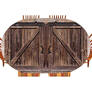 ESFVRG Rustic Oval Table Cloth, Wooden Barn Door in Stone Farmhouse Image Vintage Desgin, Indoor Dining and Outdoor Patio Festival Use, Fits 48" x 72" Table, Brown